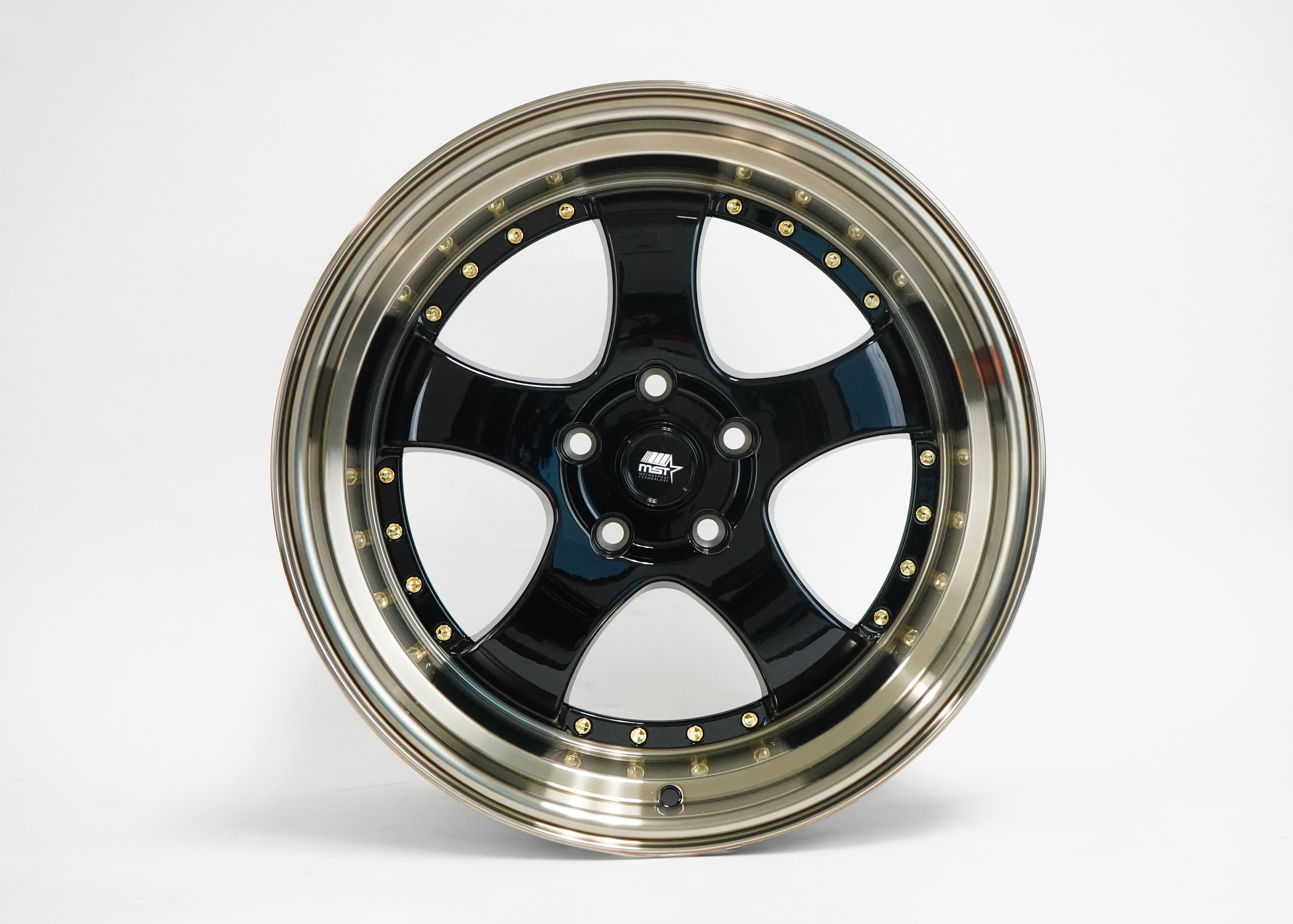 MT07 Gloss Black w/ Bronze Machined Lip Gold Rivets 18x9.5 5x114.3 ...