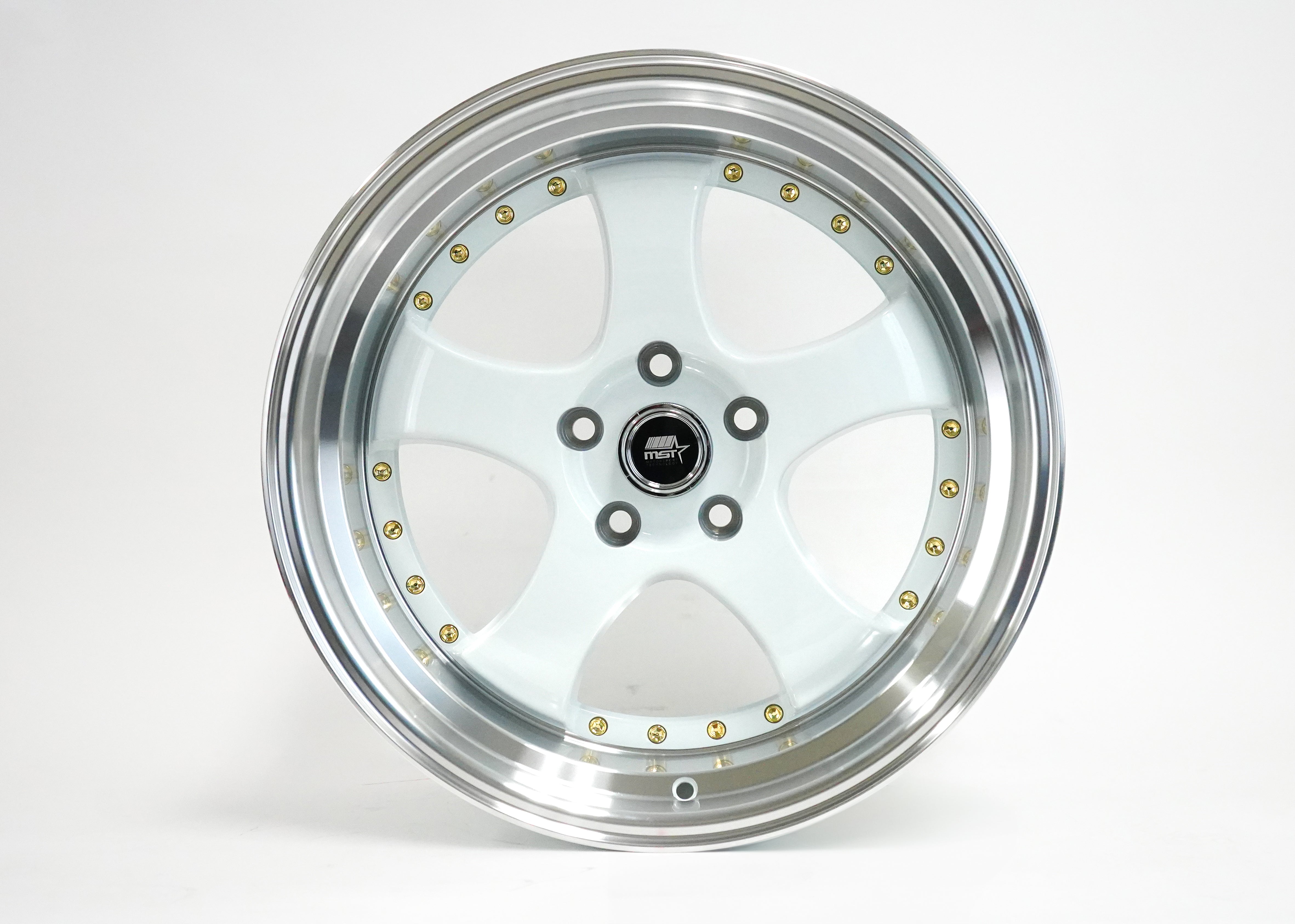 MT07 White w/Machined Lip Gold Rivets 18x8.5 5x114.3 Offset +20 | MST ...