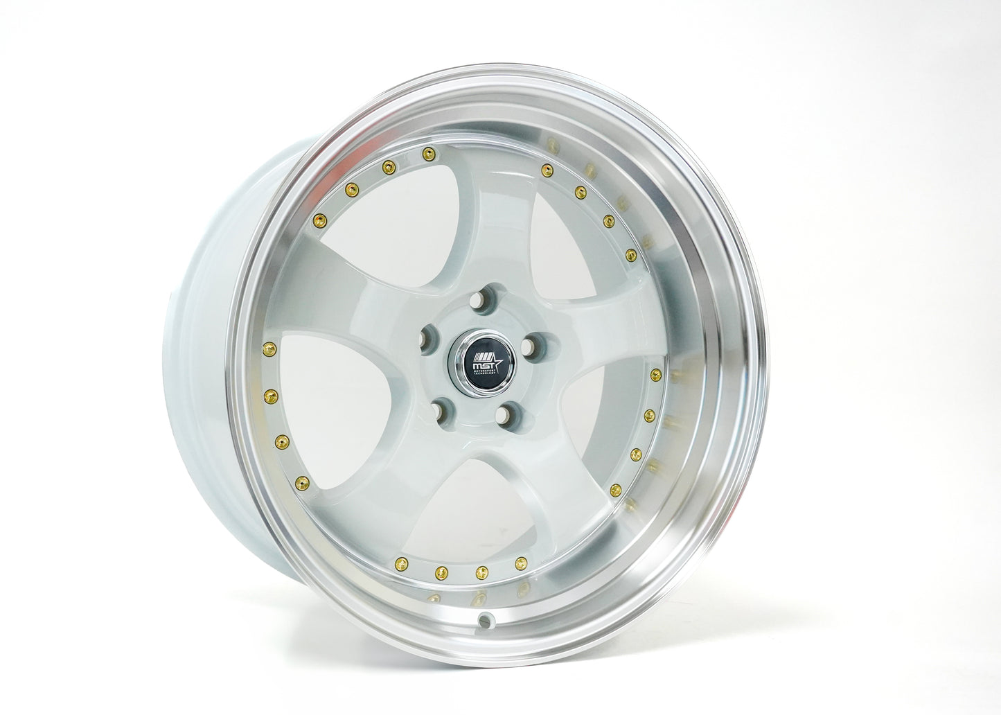 MT07 White w/Machined Lip Gold Rivets 18x9.5 5x114.3 Offset +20 | MST ...