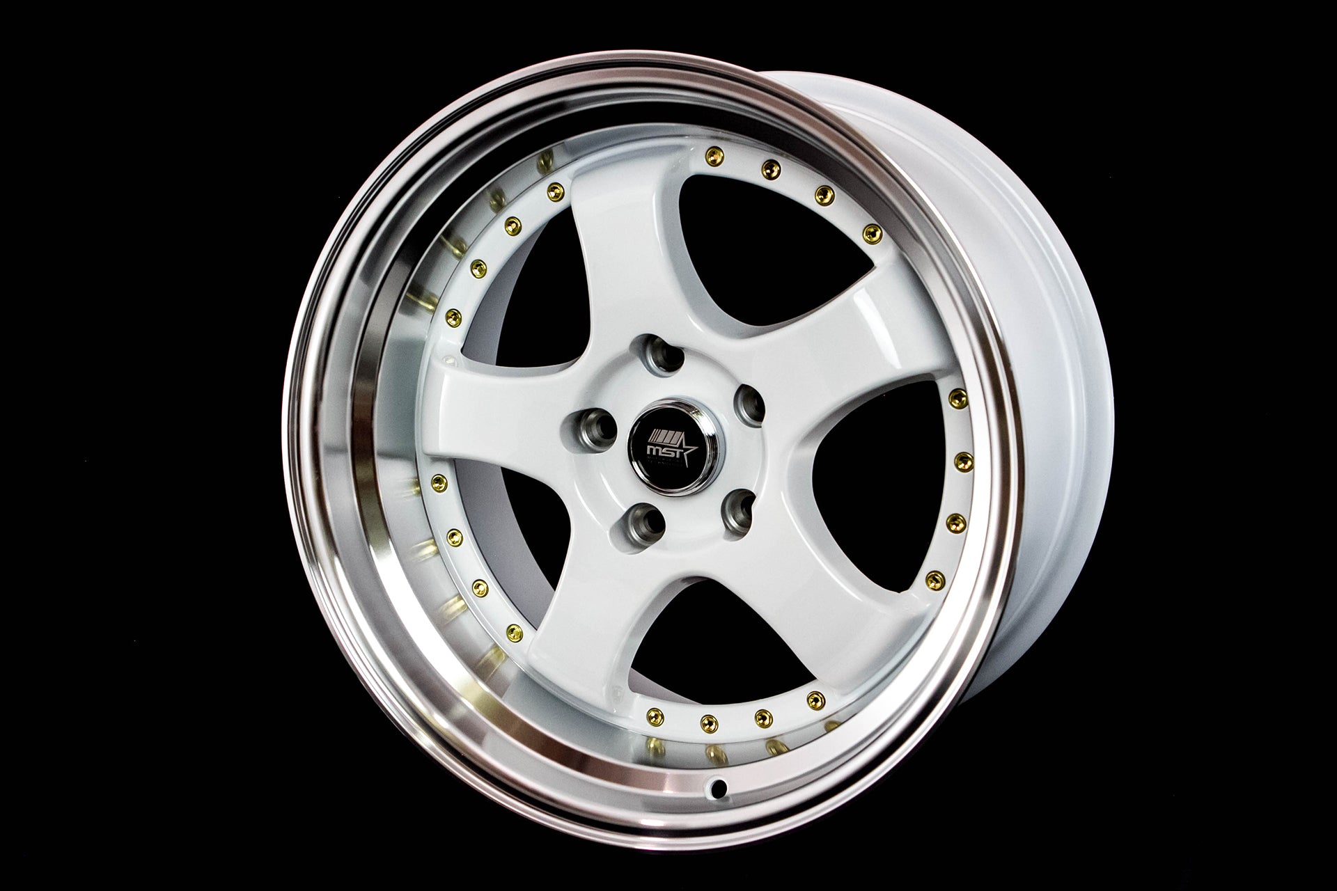 MT07 - White w/Machined Lip Gold Rivets - 17x9.0 5x114.3 Offset +20 ...