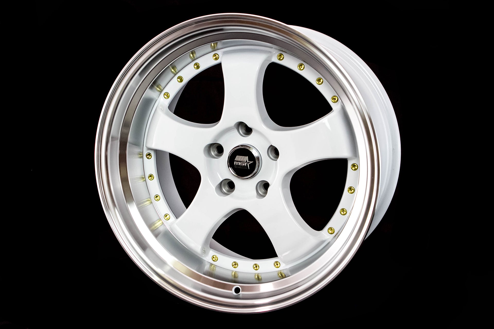 MT07 - White w/Machined Lip Gold Rivets - 18x9.5 5x114.3 Offset +20 ...