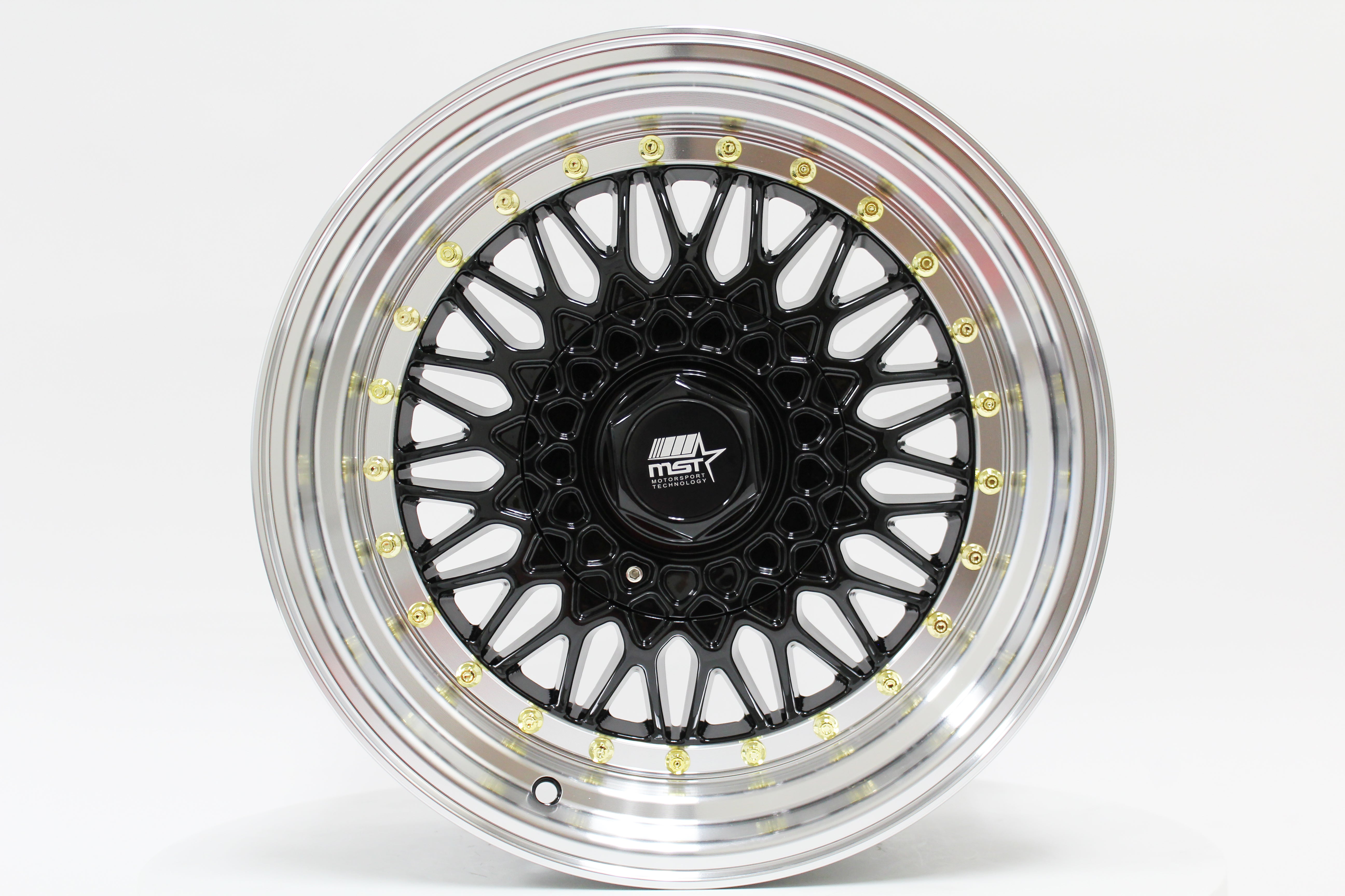 MT13 Black w/ Machined Lip Gold Rivets 16x8.0 4x100/4x114.3 Offset +20 ...