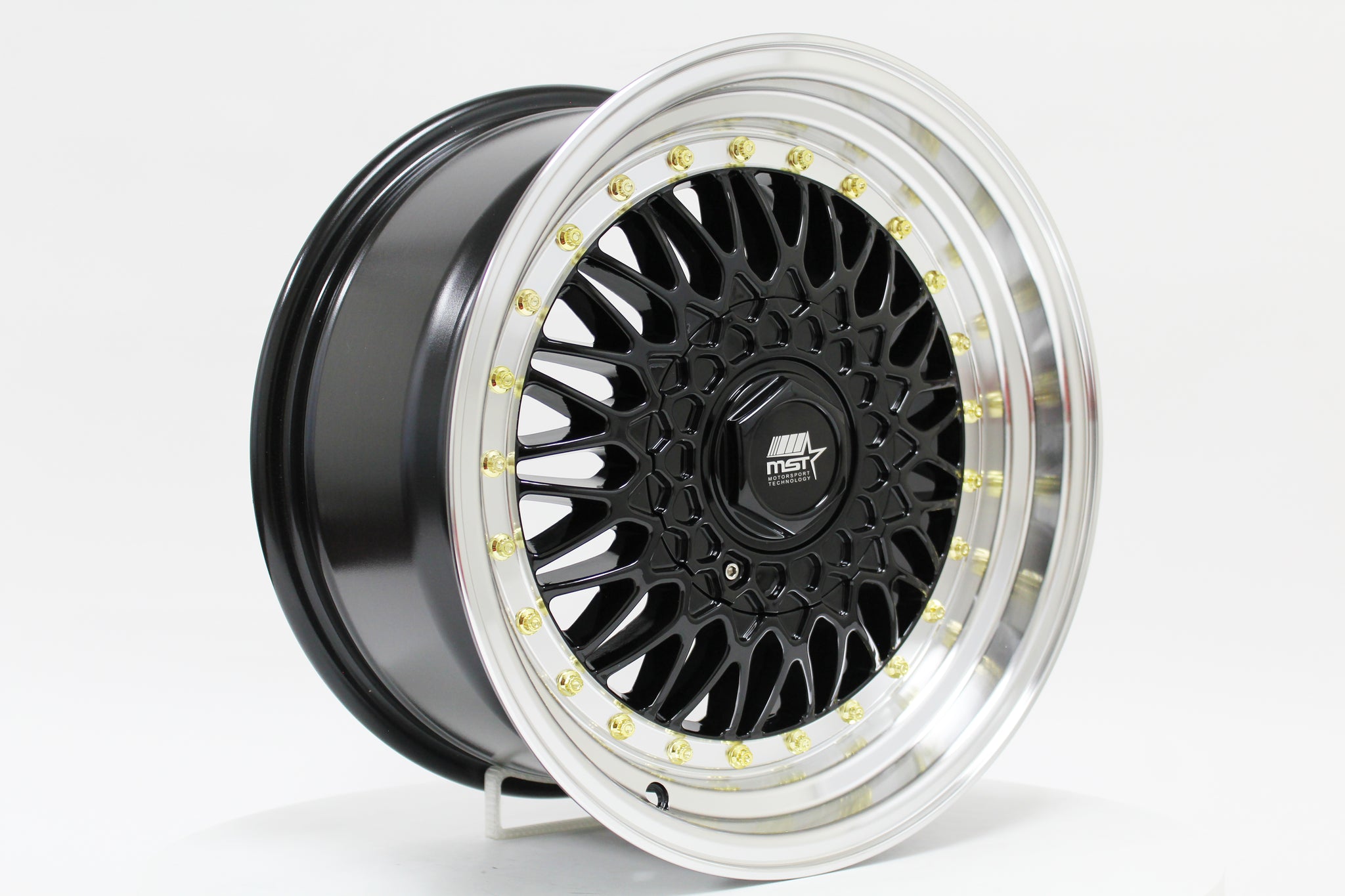 MT13 Black w/ Machined Lip Gold Rivets 16x8.0 4x100/4x114.3 Offset +20 ...